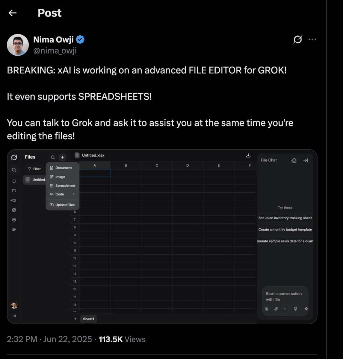 Grok Could Soon Take On Google Sheets and Excel